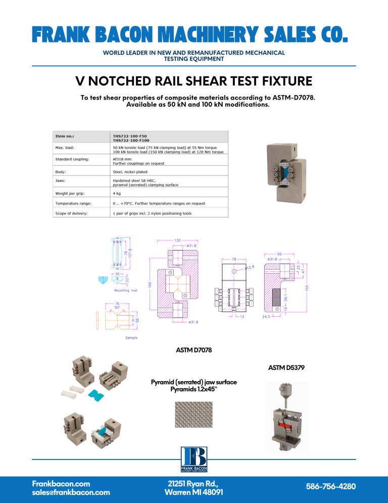 V Notched Rail Shear Test Fixture ASTM D7078 | Frank Bacon